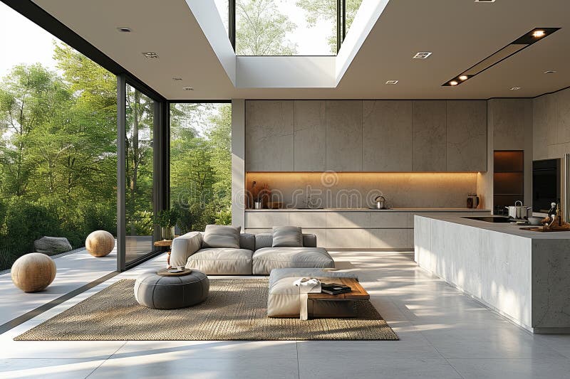 Modern Living Room with a Large Window and a Kitchen with a White ...