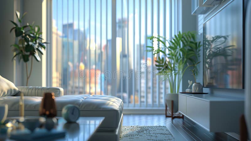 Modern Living Room with a Large Window Overlooking a City Skyline Stock ...