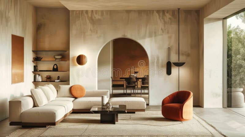 Modern Living Room with Large Windows and Archway Stock Image - Image ...