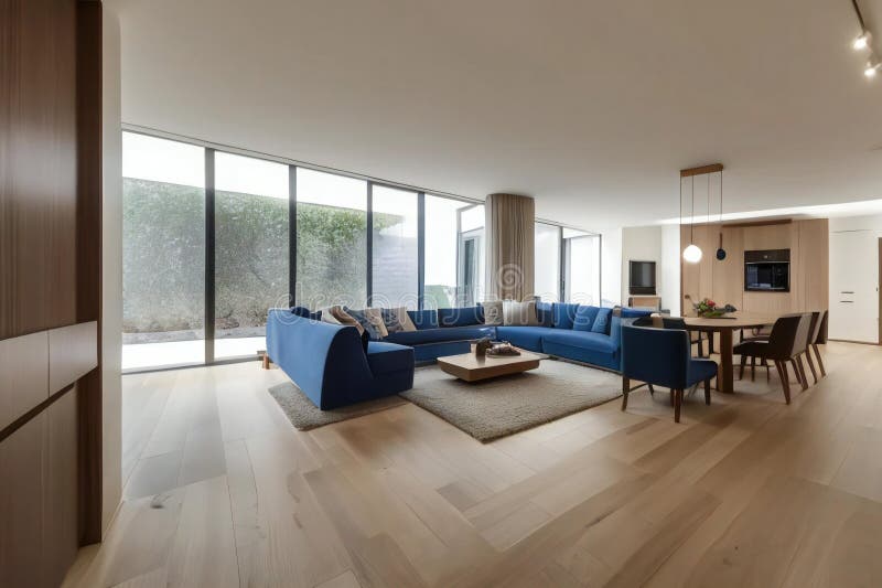 Modern Living Room with Large Windows, Blue Sofa, and Open-plan Layout ...