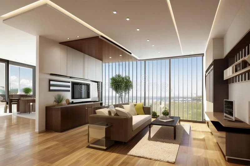 Modern Living Room with Large Windows, Comfortable Seating, and Stylish ...
