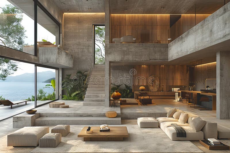 A Modern Living Room with Large Windows and Concrete Walls Stock Image ...
