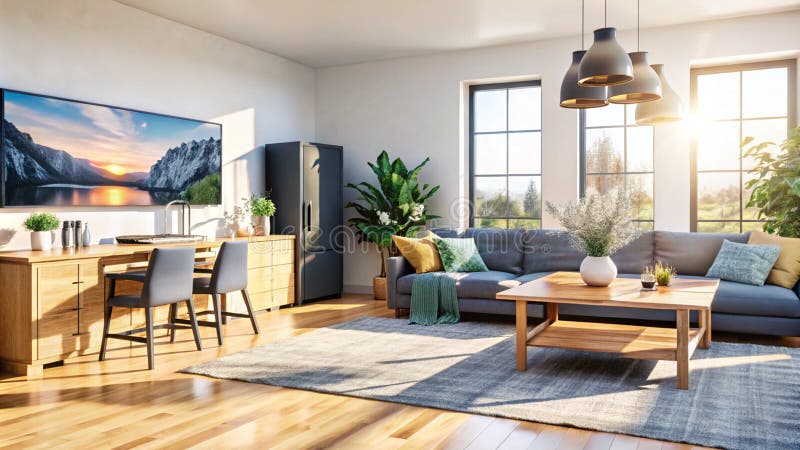 Modern Living Room with Large Windows, a Couch, a Coffee Table, and a ...