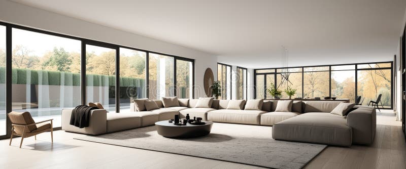Modern Living Room with Large Windows Stock Image - Image of ...