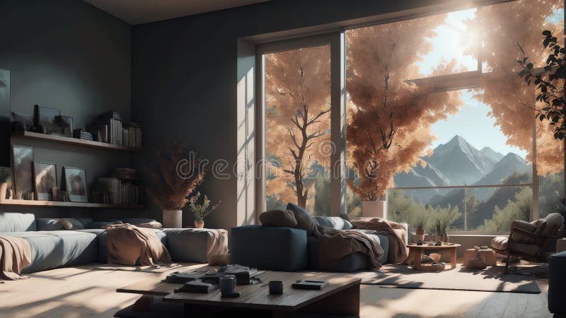 Modern Living Room with Large Windows. Generative AI Stock Illustration ...