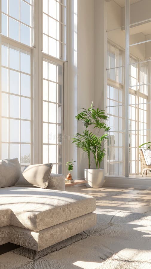 Modern Living Room with Large Windows and Greenery, Cozy and Bright ...