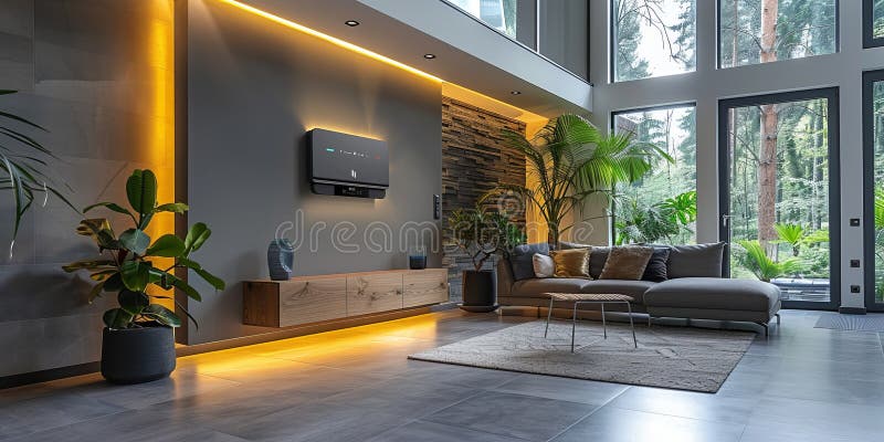 Modern Living Room with Large Windows, Indoor Plants, and Ambient ...