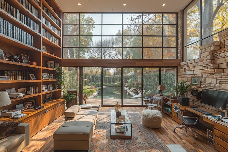 Modern Living Room with Large Windows Overlooking Backyard Pool Stock ...