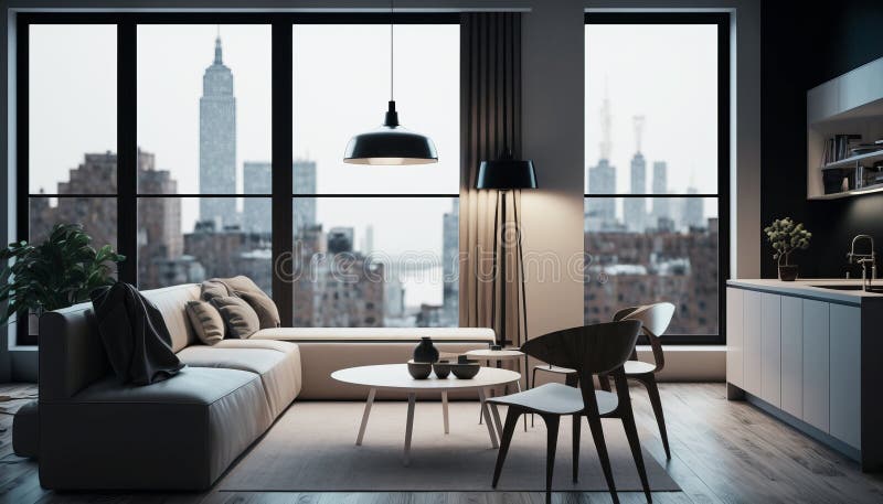 Modern Living Room with Large Windows Overlooking the City. Generative ...