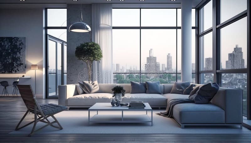 Modern Living Room with Large Windows Overlooking the City. Generative ...