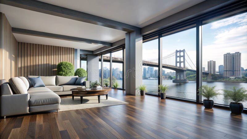 Modern Living Room with Large Windows Overlooking a Cityscape and ...