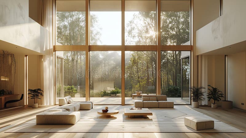 Modern Living Room with Large Windows Overlooking Forest Stock ...