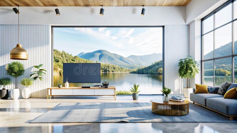 Modern Living Room with Large Windows Overlooking a Lake and Mountains ...