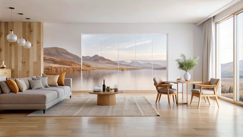 Modern Living Room with Large Windows Overlooking a Lake and Mountains ...