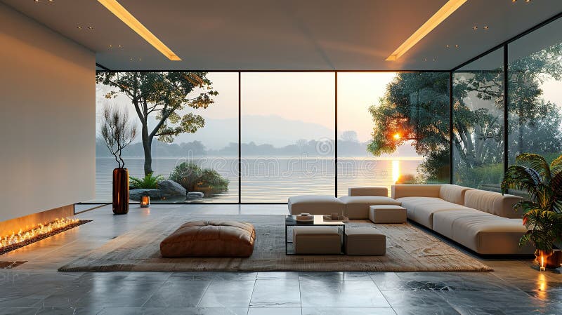 Modern Living Room with Large Windows Overlooking a Lake and Mountains ...