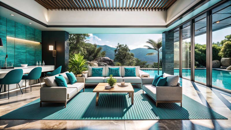 Modern Living Room with Large Windows Overlooking a Pool and Tropical ...