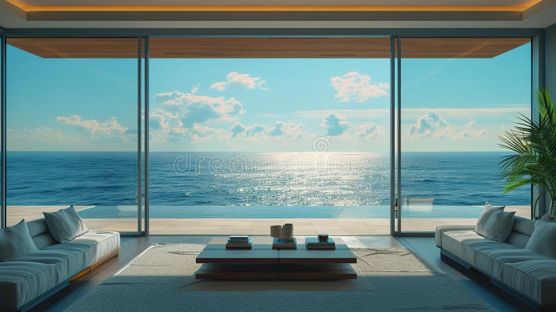 Modern Living Room with Large Windows Overlooking a Stunning Ocean View ...