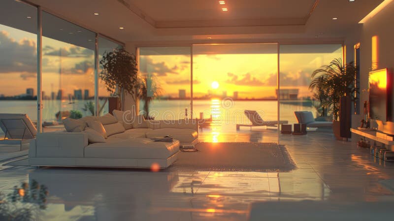Modern Living Room with Large Windows Overlooking a Sunset Over the ...