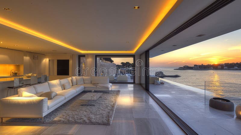 Modern Living Room with Large Windows Overlooking a Sunset Over the ...