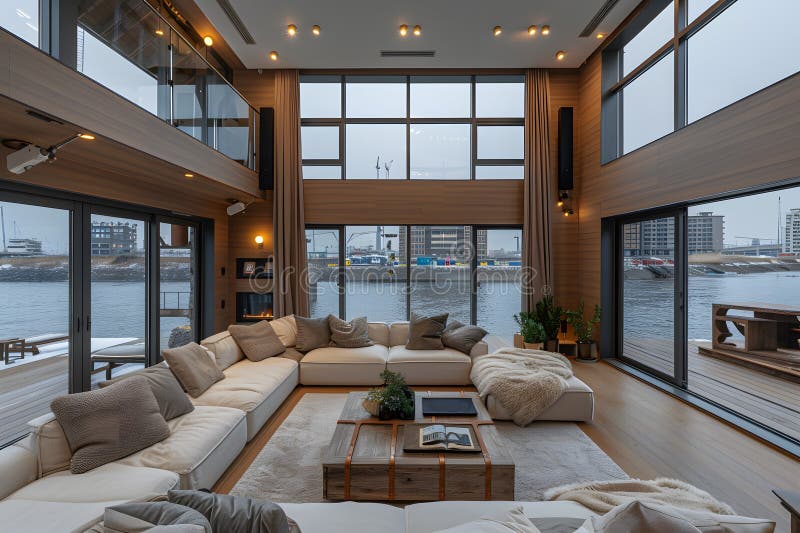 Modern Waterfront Living Room with Large Windows Overlooking Marina ...
