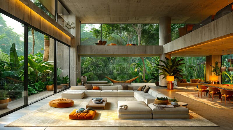 A Modern Living Room with Large Windows and a View of the Jungle Stock ...