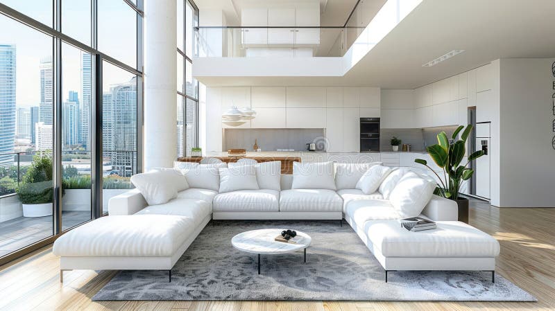 Modern Living Room with Large Windows, White Sectional Sofa, and a View ...