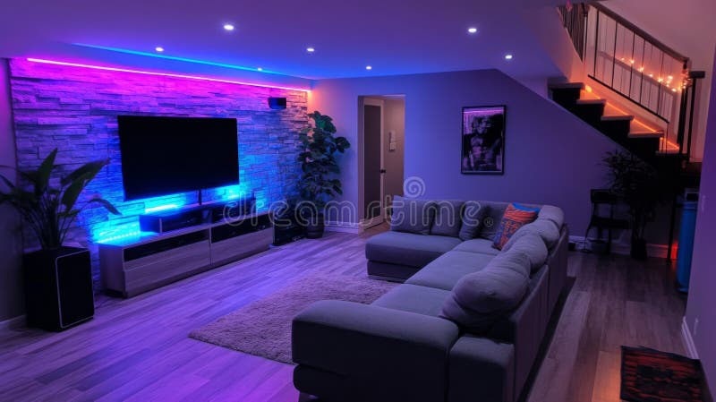 Modern Living Room with LED Lights and Sectional Sofa Stock ...