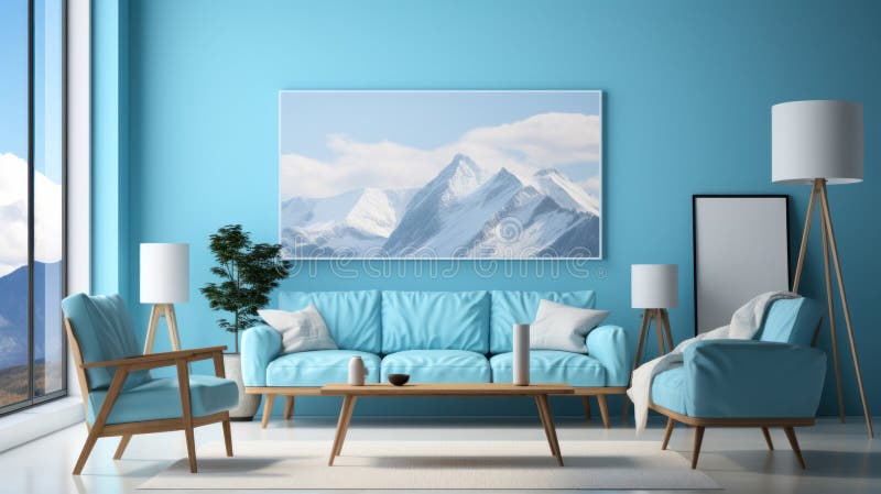 Modern Living Room with a Modern Light Blue Sofa and Blue Wall. Modern ...