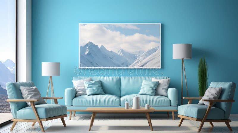 Modern Living Room with a Modern Light Blue Sofa and Blue Wall. Modern ...