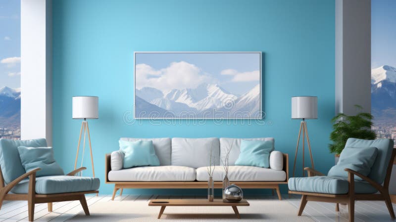 Modern Living Room with a Modern Light Blue Sofa and Blue Wall. Modern ...