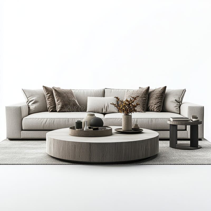 Modern Living Room with a Light-colored Sofa, Round Coffee Table, and ...