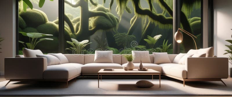 Modern Living Room with Lush Greenery and Large Windows for Natural ...