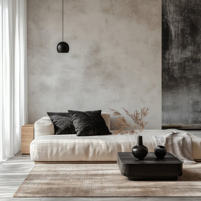 Modern Living Room with Minimalist Neutral Decor. Stock Photo - Image ...