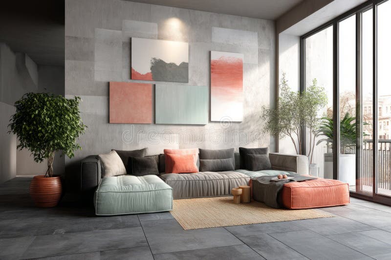 Modern Living Room with Modular Sofa and Abstract Wall Art Stock Image ...
