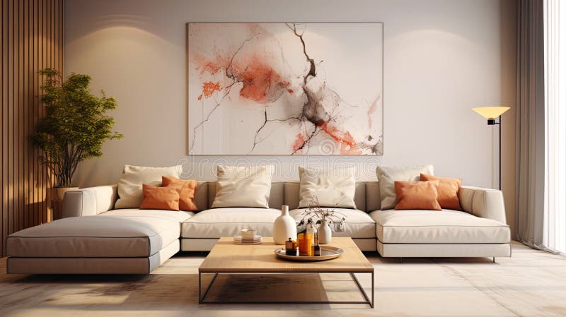 Modern Living Room with a Modular Sofa, Glass Table and Abstract Art ...