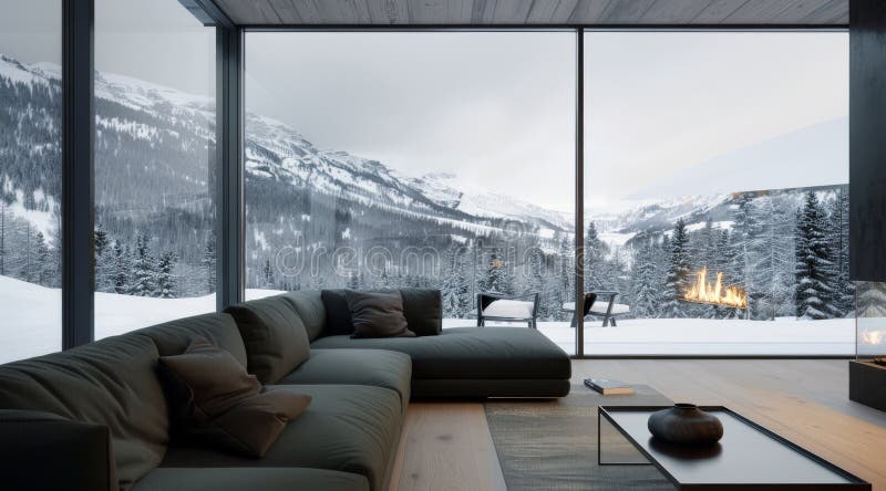 Modern Living Room with Mountain View Stock Photo - Image of windows ...