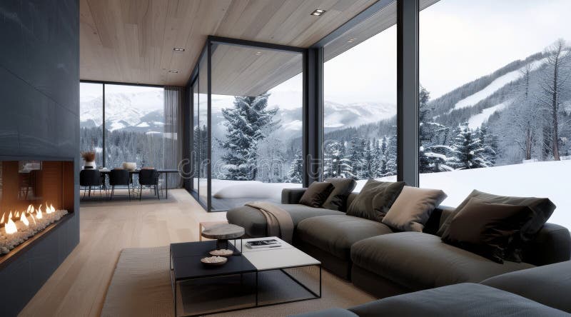 Modern Living Room with Mountain View Stock Image - Image of ...