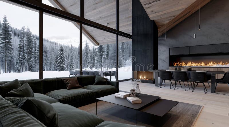 Modern Living Room with Mountain View Stock Photo - Image of wood ...