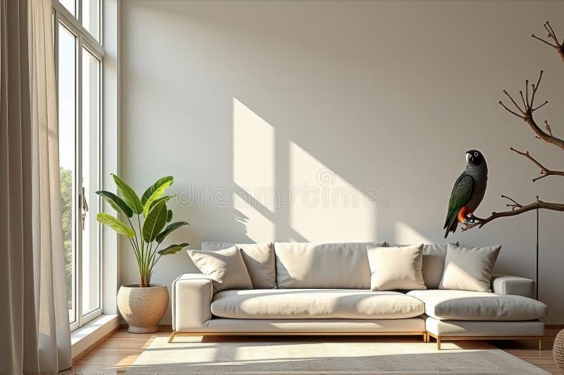 Modern Living Room with Natural Light and Parrot on Tree Branch Stock ...