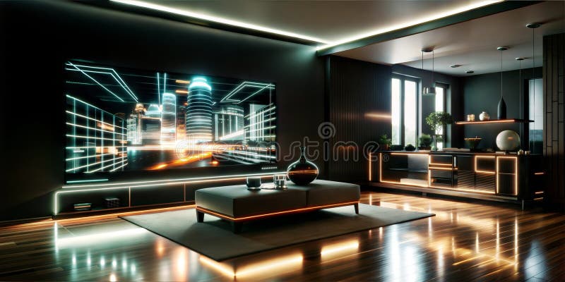 Modern Living Room with Neon Lighting and a Big Screen Stock ...