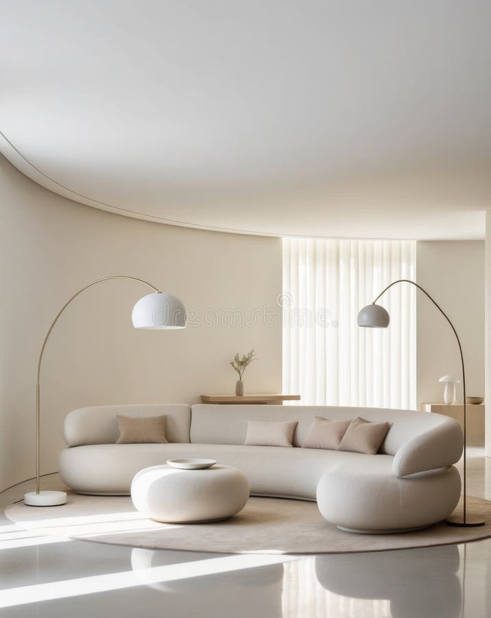 Modern Living Room in Neutral Tones with Curved Architecture Elements ...