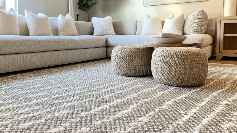 Modern Living Room with Neutral Tones and Textured Carpet Stock ...