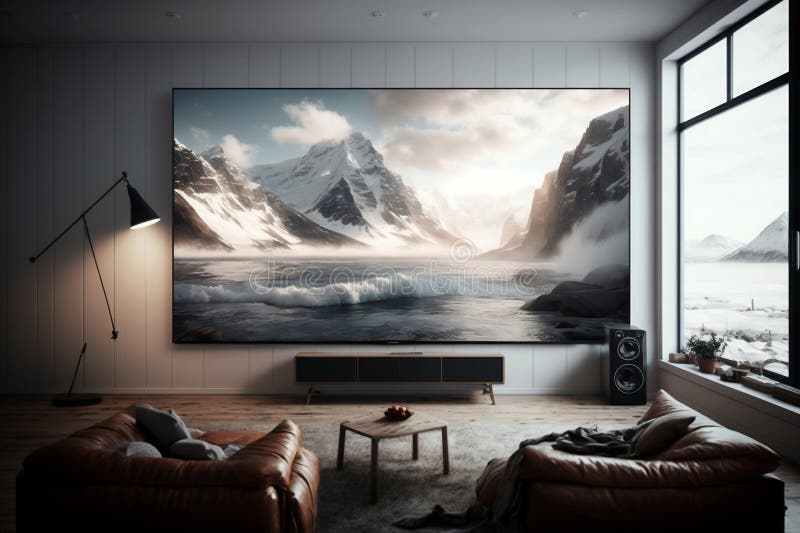 A Modern Living Room at Night, Complete with a Big TV Wall Screen ...