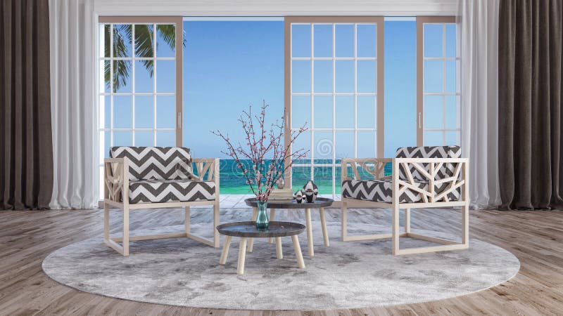 Modern Living Room with Ocean View, Interior Design 3D Render Stock ...