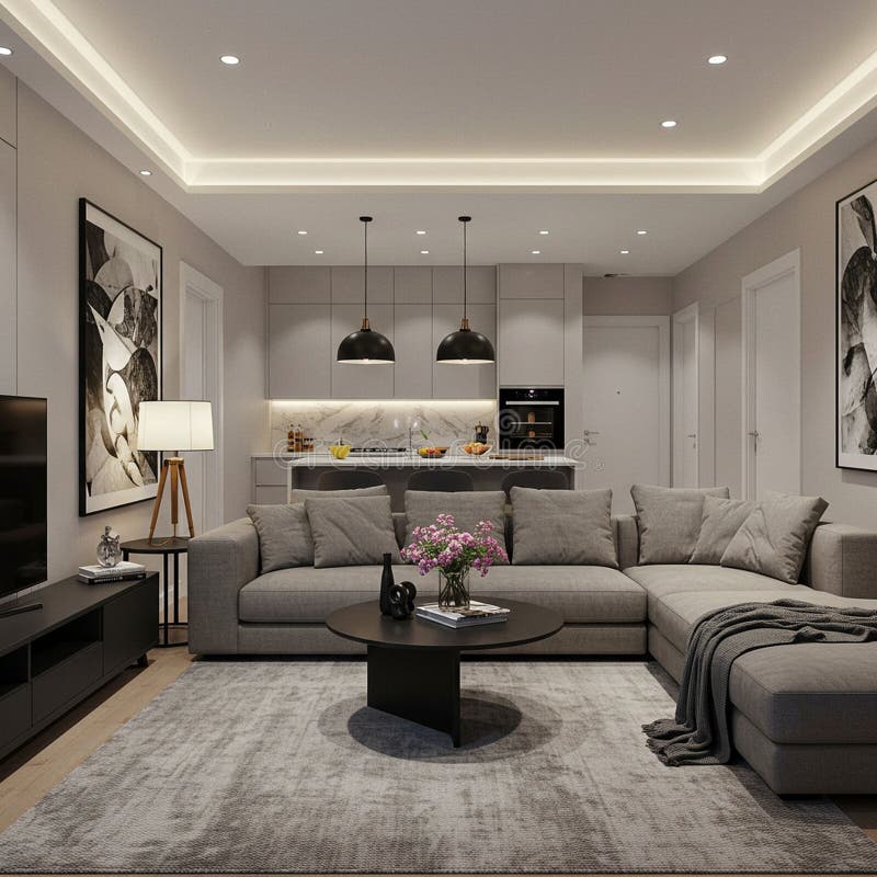Modern Living Room with Open-plan Design Features a Large Grey ...