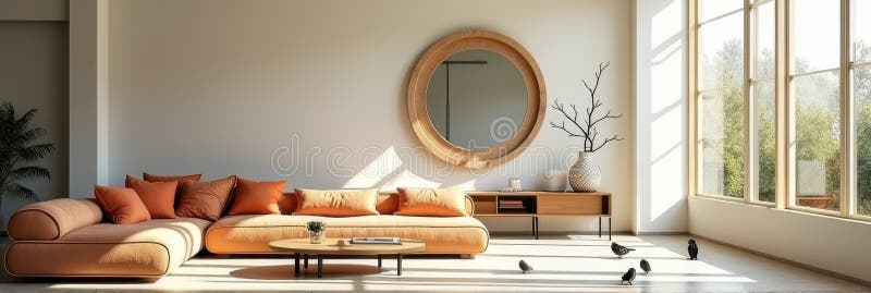 Modern Living Room with Orange Sofa, Round Mirror, and Sunlight Stock ...