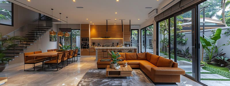 Modern Living Room with Outdoor View Stock Illustration - Illustration ...