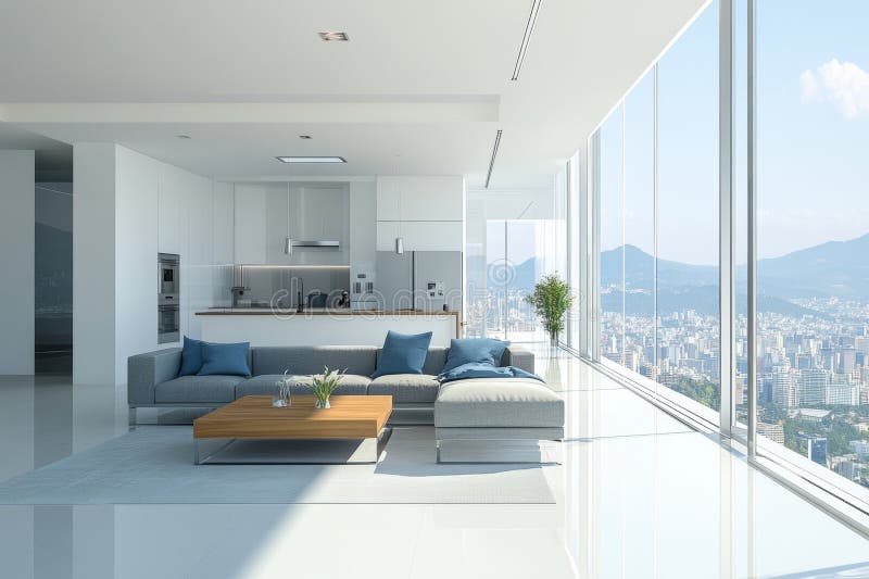 A Modern Living Room with Oversized Windows Offering a View of the City ...