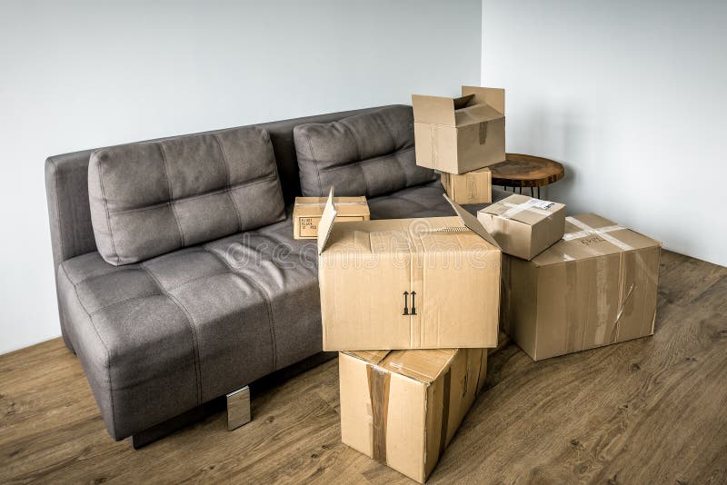 Modern Living Room with Packed Boxes. Moving Day Stock Photo - Image of ...