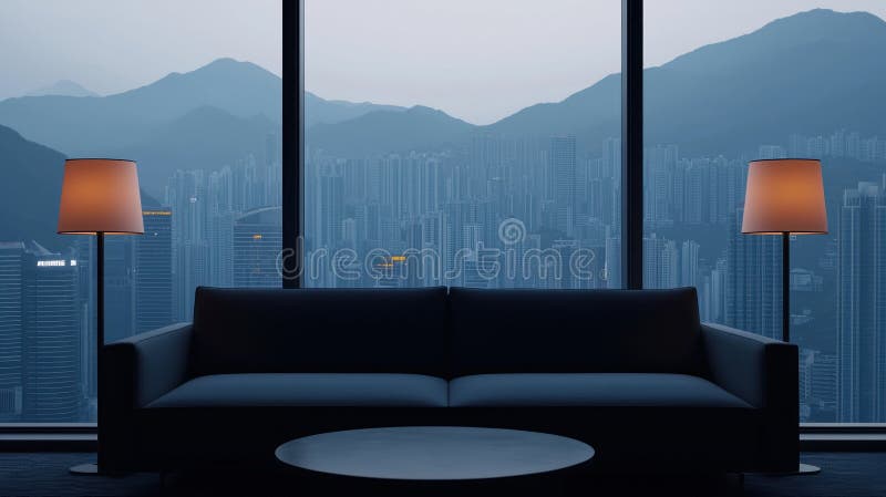 Modern Living Room with a Panoramic City View through Large Windows at ...